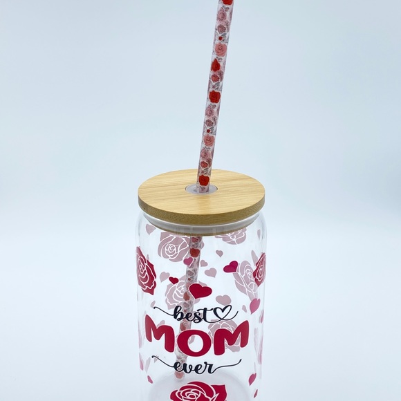 Dining | Mom Rose 16oz Libbey Cup Wbamboo Lid W Rose Straw | Poshmark